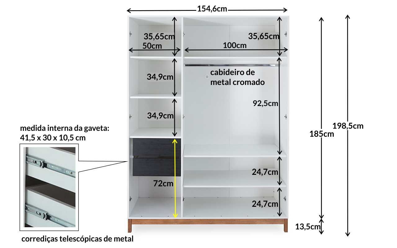 GUARDA-ROUPA 3 PORTAS MDF E MADEIRA MACIÇA BRANCO E PRETO | MadeiraMadeira