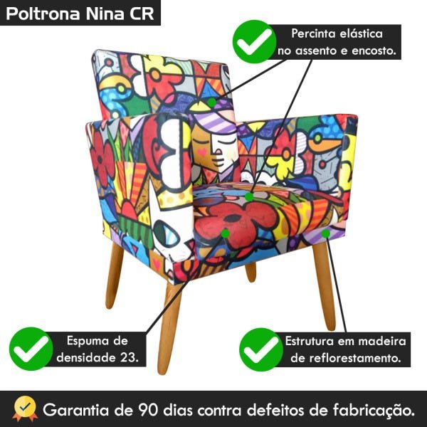 Poltrona Cadeira Decorativa Nina Pés Madeira Rodapé Estampa Romero Britto | MadeiraMadeira