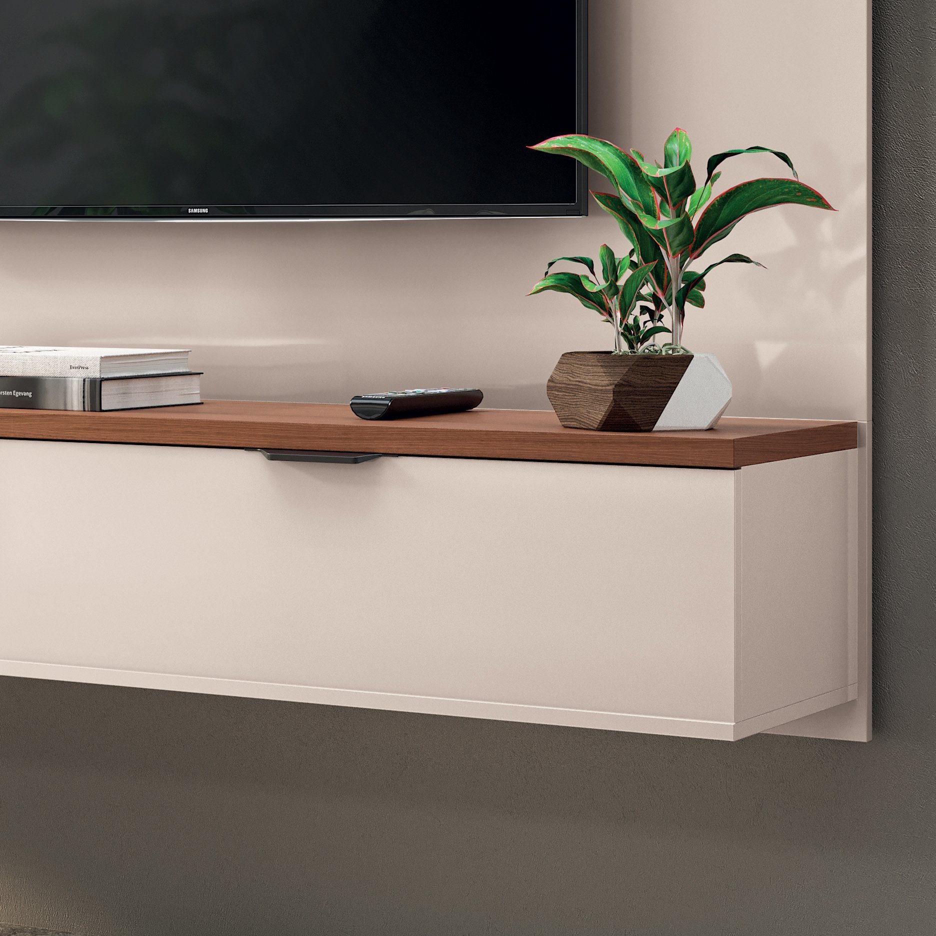 Painel Suspenso 1,60m Grid para TV 50" Cor Off White e Nature HB Móveis ...