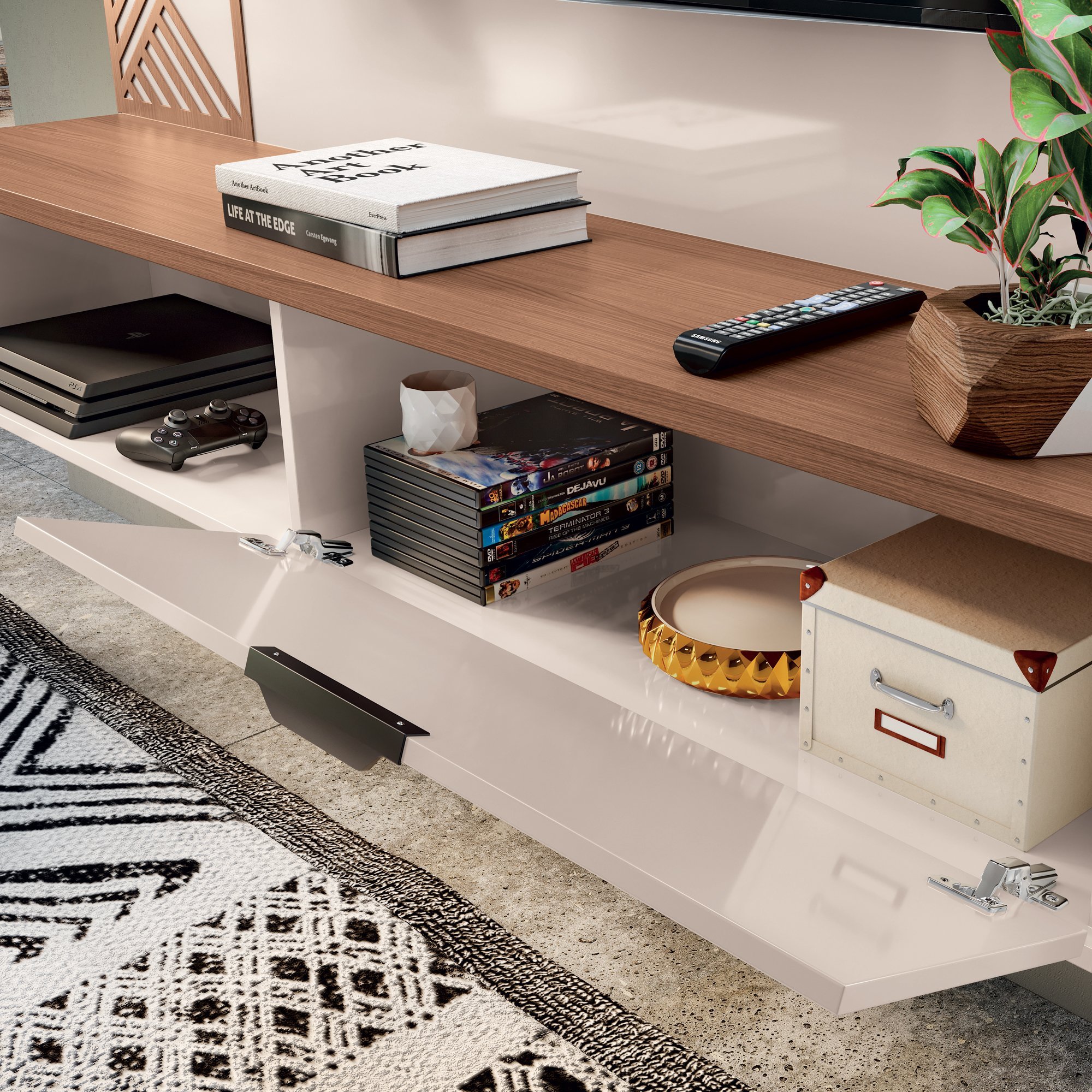 Painel Suspenso 1,60m Grid para TV 50" Cor Off White e Nature HB Móveis ...