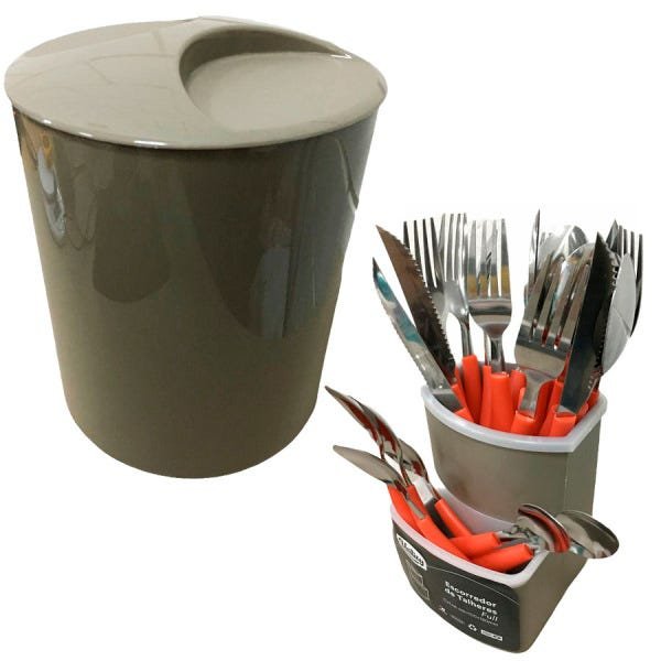 Kit Lixeira 5Lts + Escorredor de Talheres Utility Cinza | MadeiraMadeira
