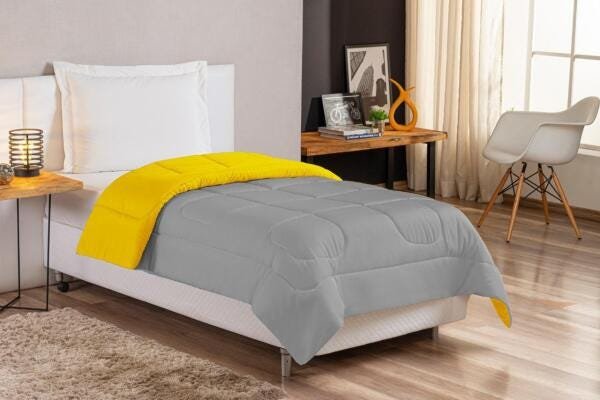 Edredom Solteiro Dupla Face Amarelo/Cinza Poliéster DecorAll ...