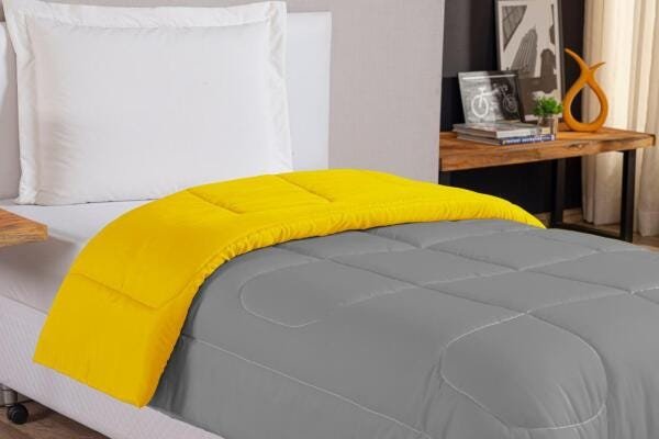 Edredom Solteiro Dupla Face Amarelo/Cinza Poliéster DecorAll ...