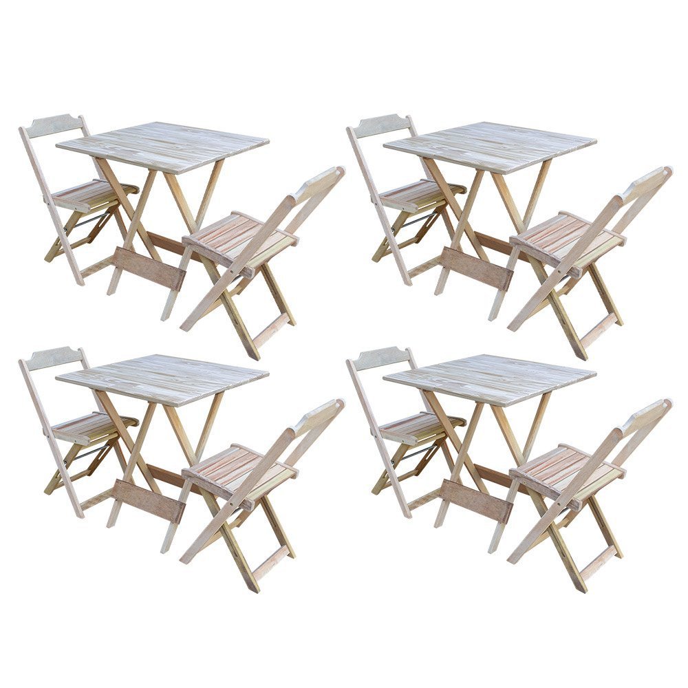 Kit 4 Jogos de Mesa Dobrável com 2 Cadeiras de Madeira 70x70 - Sem Pintura | MadeiraMadeira