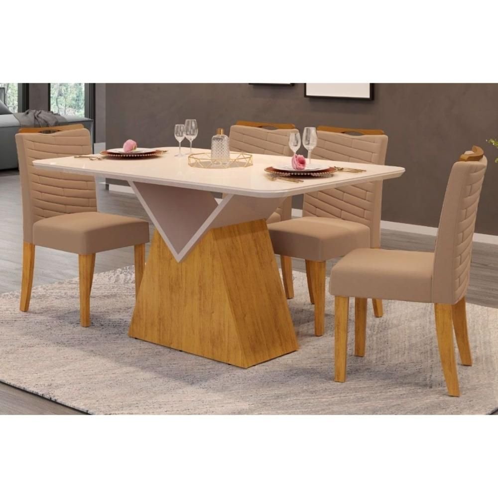 Conjunto: Mesa Sala Jantar Argo Tampo Madeirado C/ Vidro Curvo 136x90cm ...