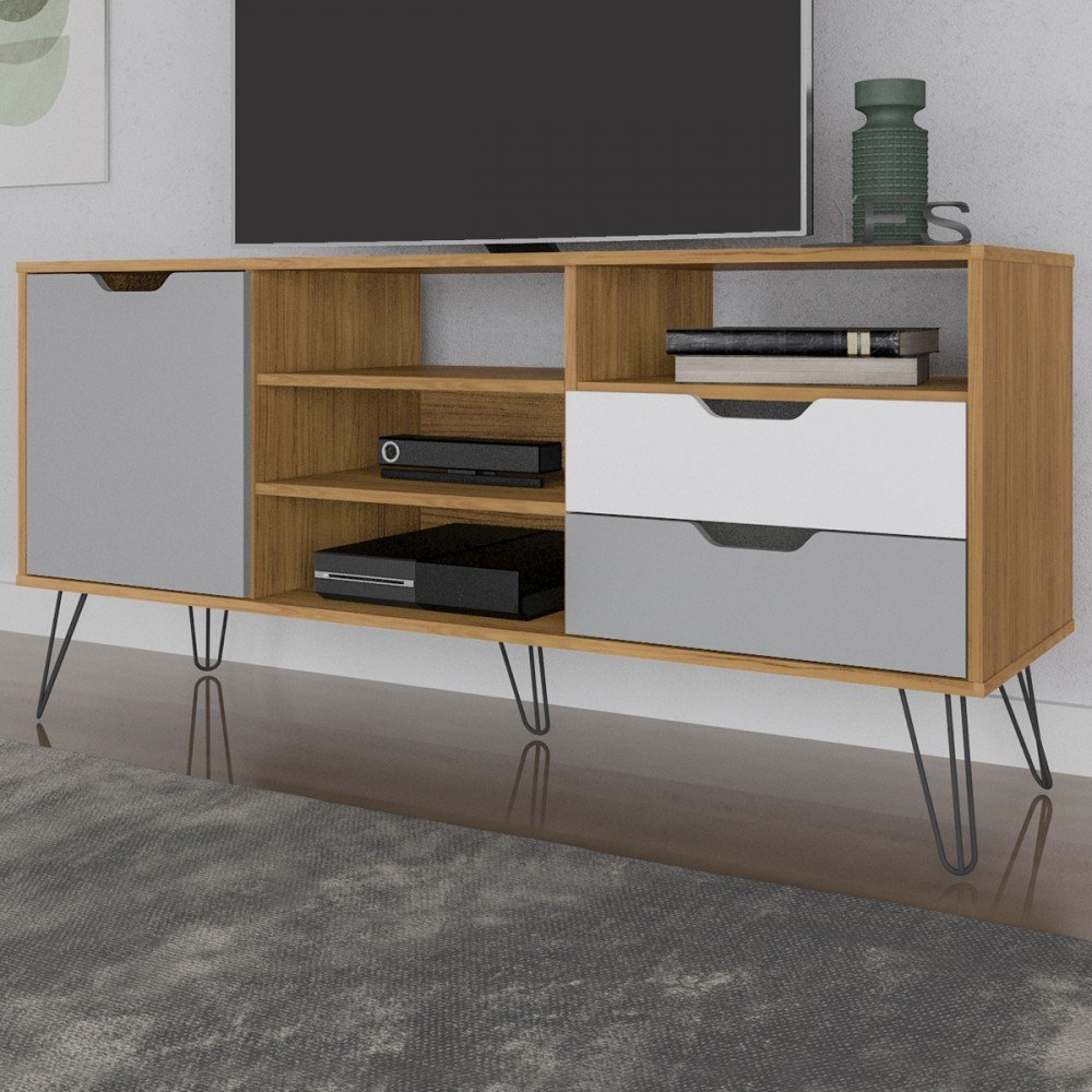 Rack para Tv até 60 Polegadas Estocolmo 1 Porta 2 Gavetas Carvalho/grafite/branco/prata - Artely ...