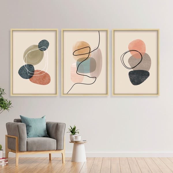 Conjunto 3 Quadros com Moldura Abstrato Color MADEIRA CLARA - Médio ...