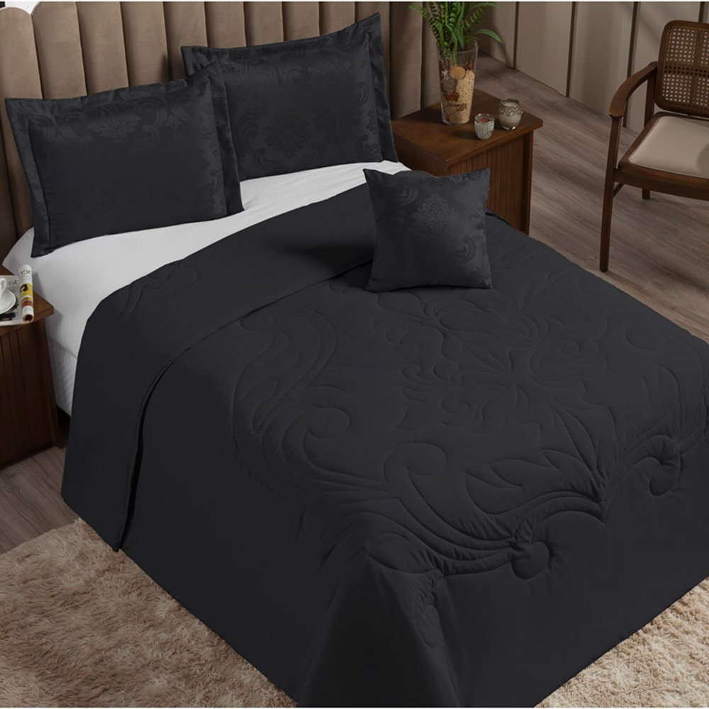 Kit Edredom Acordes Queen Jacquard Microfibra 5 Peças - Preto ...