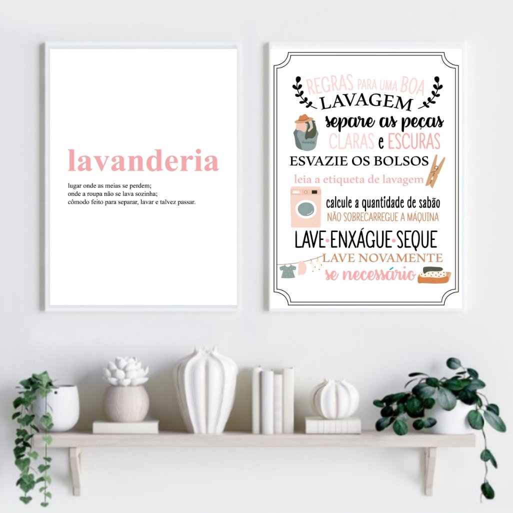 Kit 2 Quadros Lavanderia Soft - Rosa 33x24cm - com Vidro:madeira Branca ...