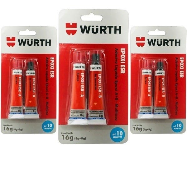 3 Cola Epoxi Esr Rápido Metal Vidro Plástico (a+b) Wurth 16g ...