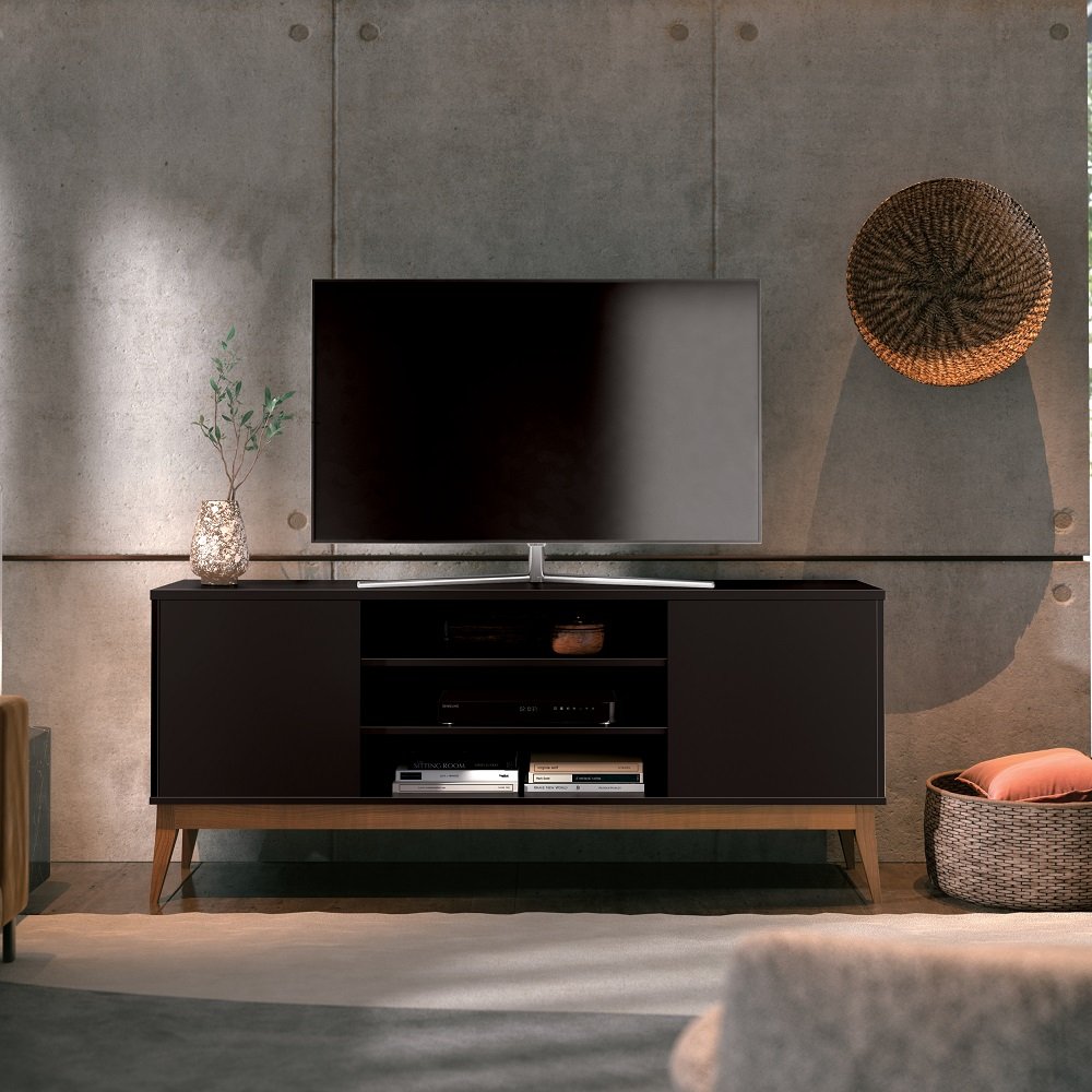 Rack Retrô Vintage 1,60m TV 60 Polegadas 2 Portas 3 Nichos Salton:Preto ...