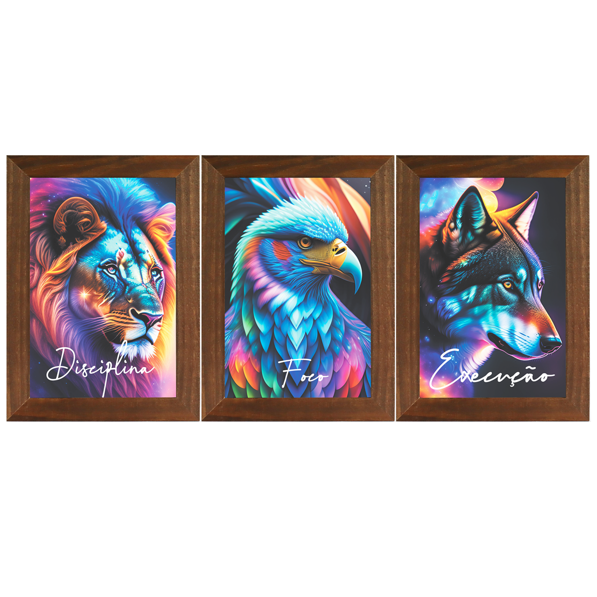 Trio Quadro Leão Águia Lobo Disciplina Foco Execução 40cm | MadeiraMadeira