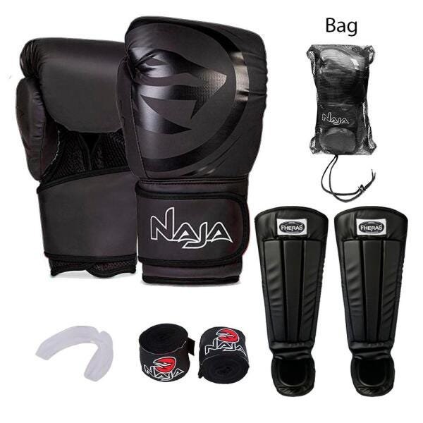 Kit Boxe Muay Thai Naja Preto + Anatômica Preto 12oz | MadeiraMadeira