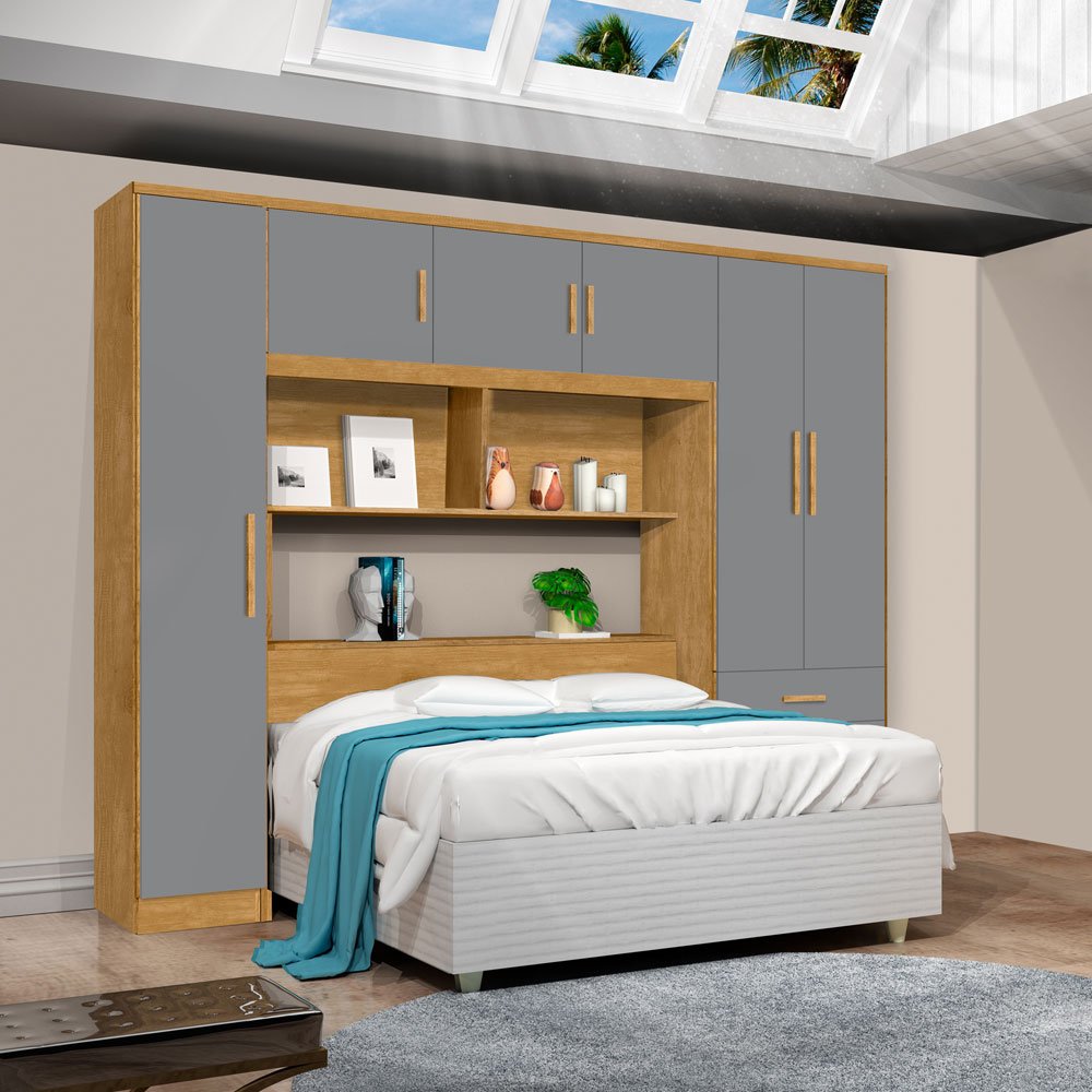 Guarda-roupa Modulado 6 Portas com Baú para Cama Box Casal 1,40m - Top Cancun - Nature/cinza J&a ...