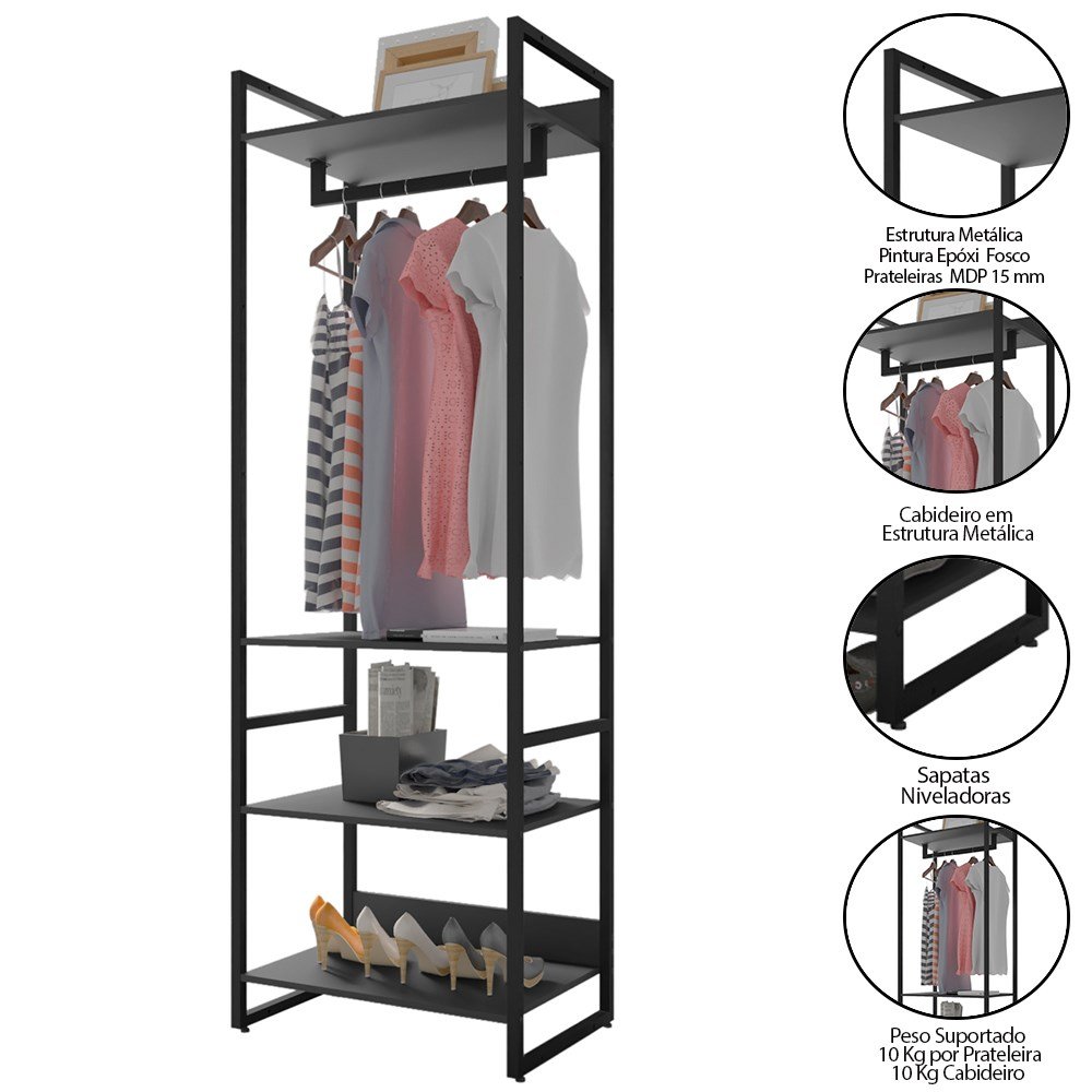 Guarda Roupa Casal Closet 3 Módulos Indy F02 Preto Texturizado ...