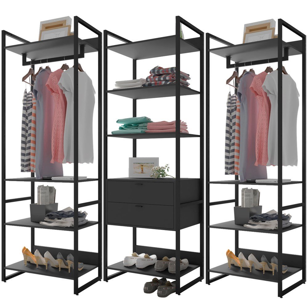 Guarda Roupa Casal Closet 3 Módulos Indy F02 Preto Texturizado ...