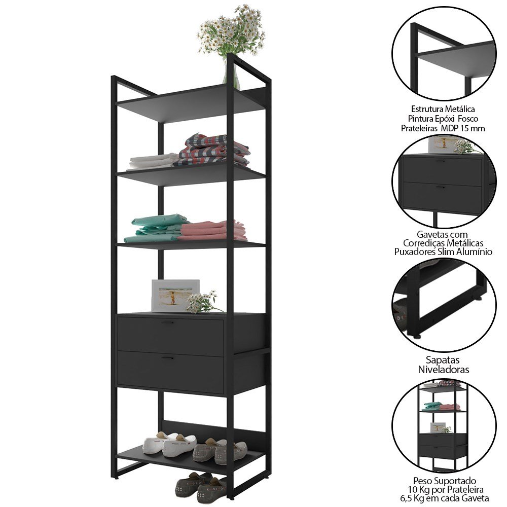 Guarda Roupa Casal Closet 3 Módulos Indy F02 Preto Texturizado ...