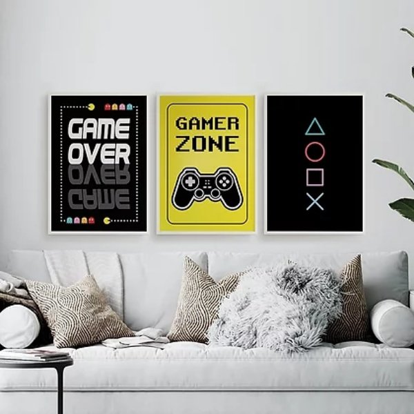 Kit 3 Quadros Gamer Game Over 45x34cm:Madeira preta | MadeiraMadeira
