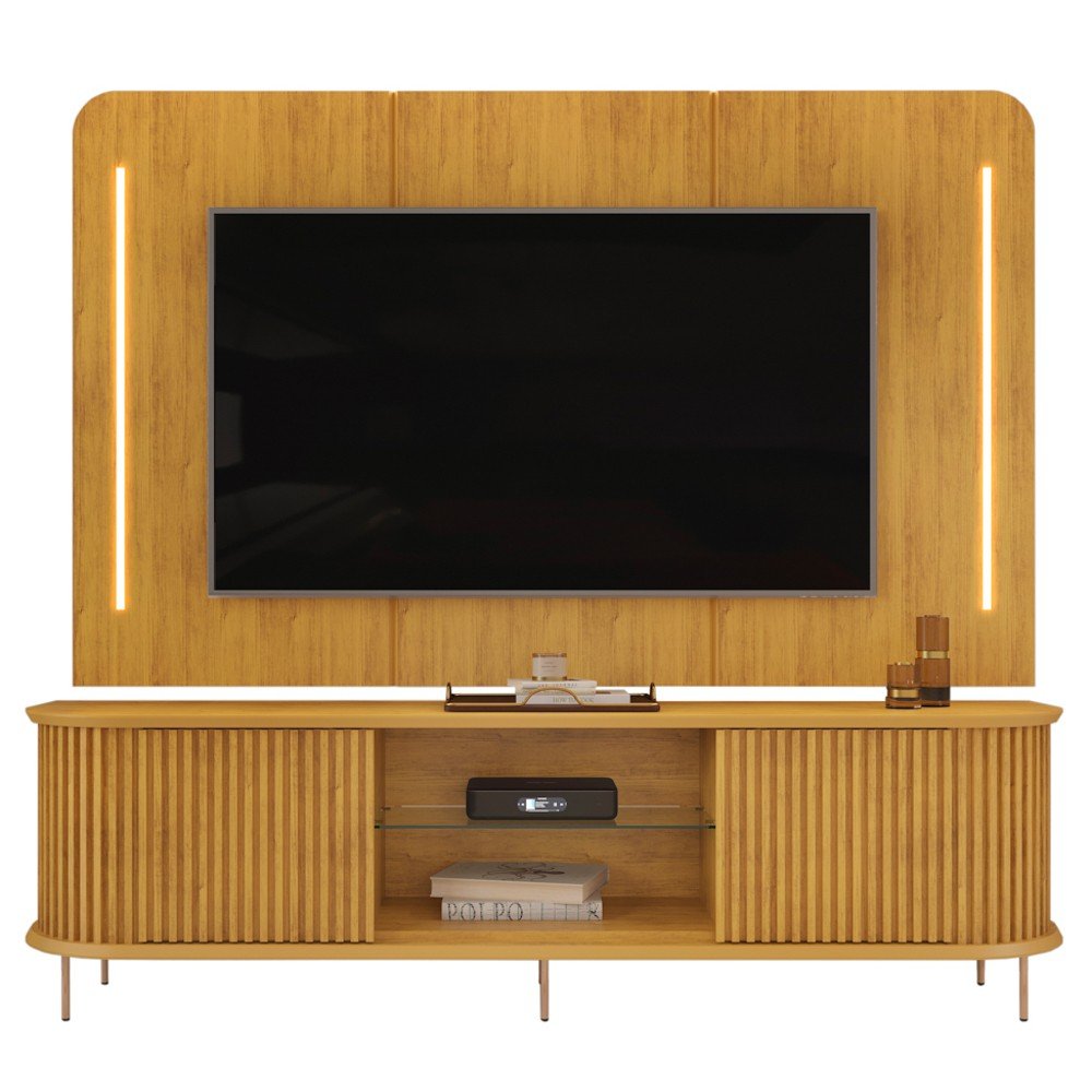 Painel para Tv 75 Pol e Rack Bancada Ripado 218cm World D04 Cedro - Mpozenato | MadeiraMadeira