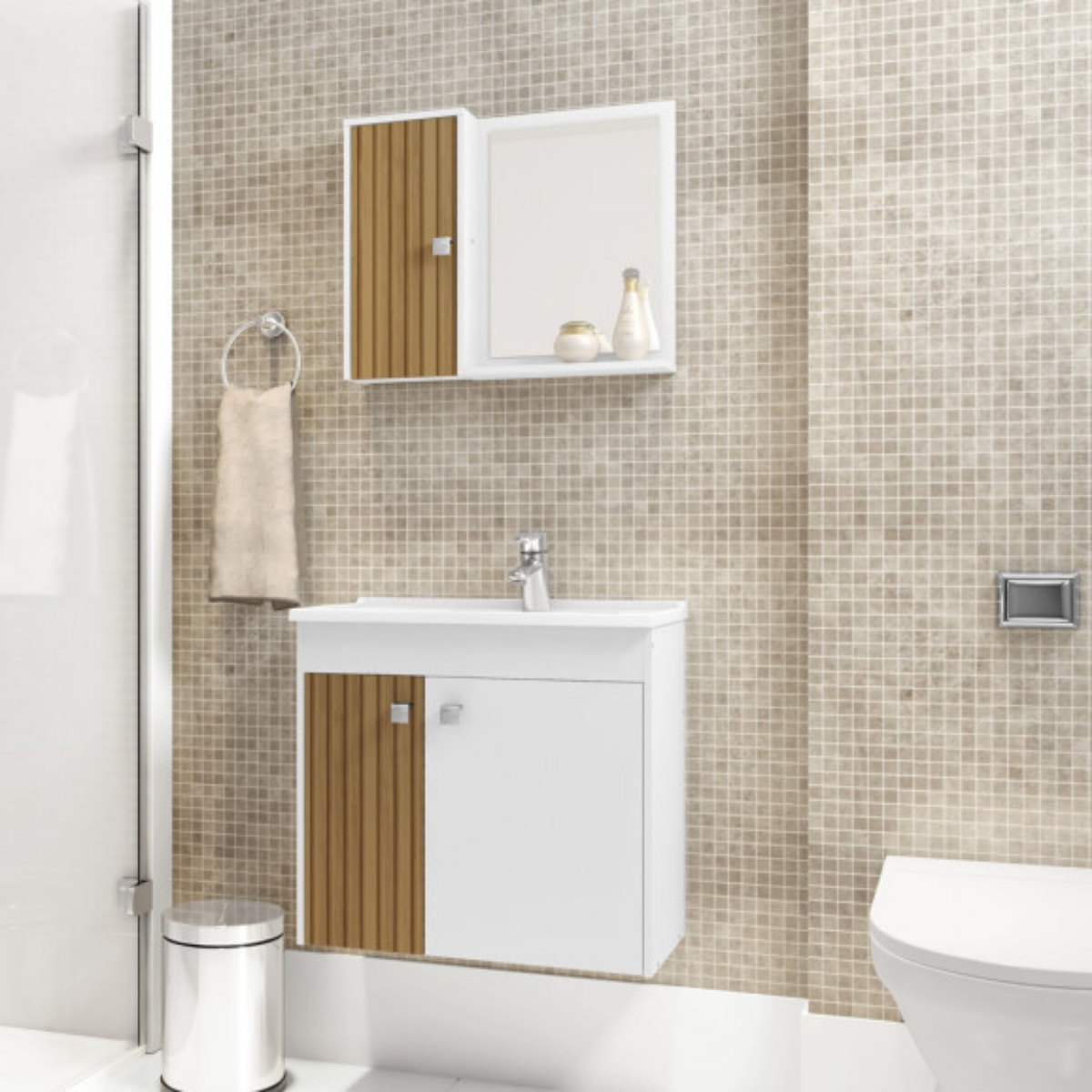 Jogo de Gabinete e Espelheira Annecy Branco Ripado | MadeiraMadeira