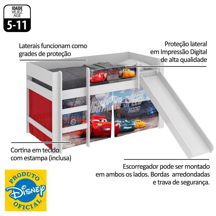 Cama Infantil Elevada Carros Disney com Escada e Escorregador - Pura ...