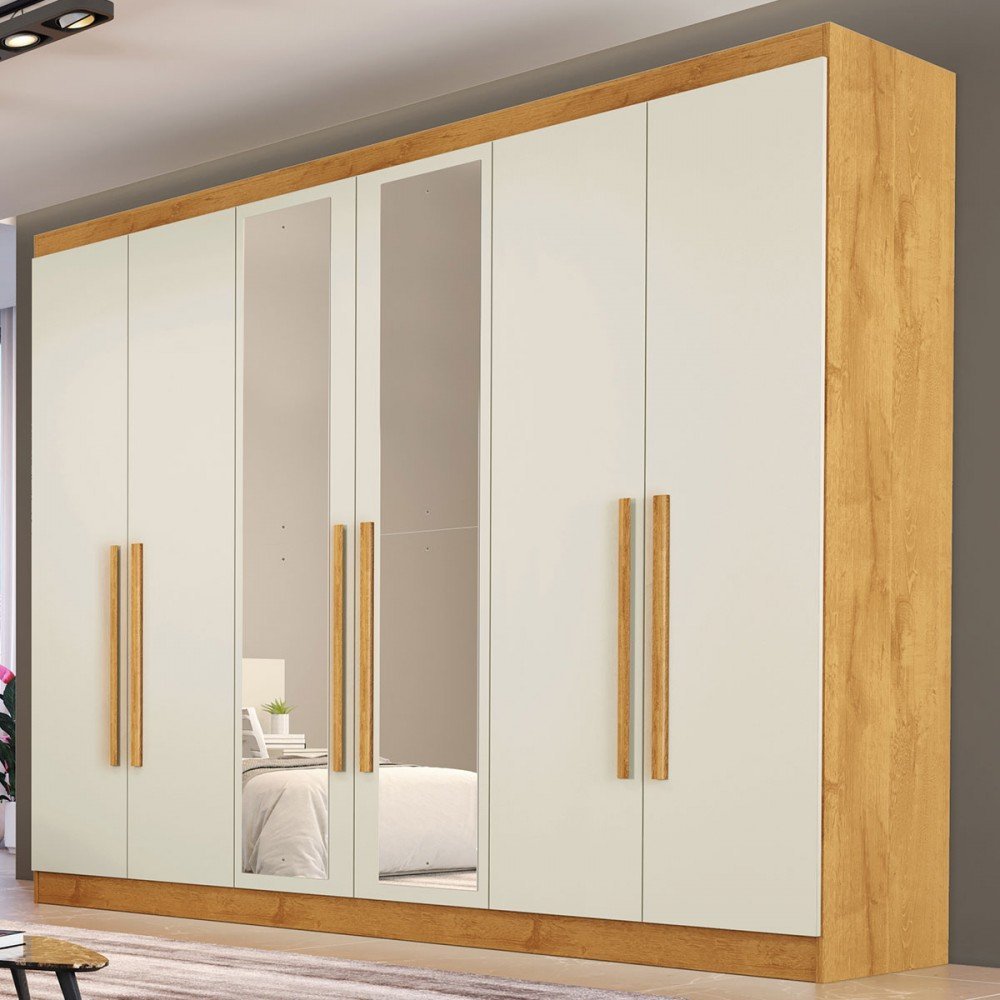Guarda-Roupa Casal Oslo 6 Portas 6 Gavetas 100% Mdf com Espelho Peroba/Off White - Mademarques ...