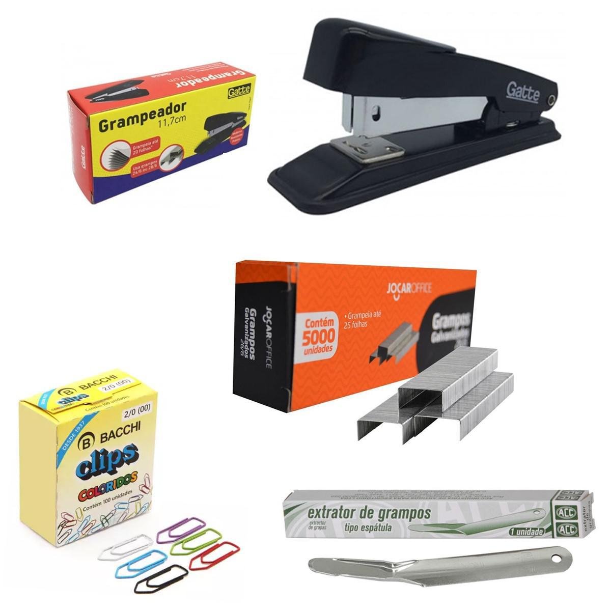 Kit Escritório Grampeador Grampo Clips Extrator Home Office ...