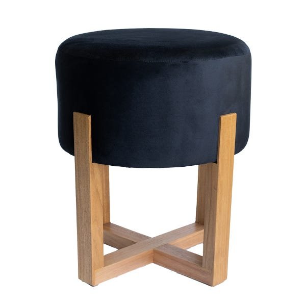 Puff Banquinho Luxo Redondo Pé Madeira Cruzado e Tecido Veludo Preto ...