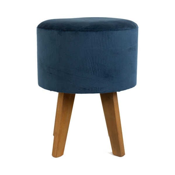 Puff Banquinho Redondo Pé Madeira e Tecido Veludo Azul | MadeiraMadeira