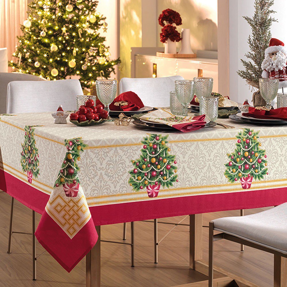 Toalha de Mesa Karsten Retangular 8 Lugares Natal Pinheiro Decor ...