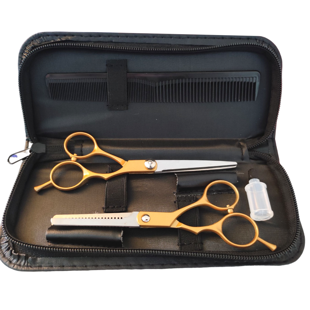 KIT TESOURAS PROFISSIONAL CABELEREIRO ESTOJO 4 PEÇAS DOURADO LMF-1150 ...