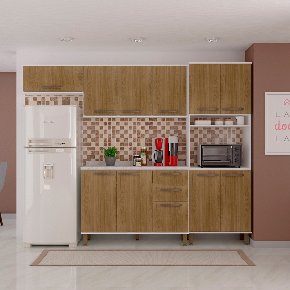 Cozinha Modulada Compacta com Tampo 4 Peças Branco com Carvalho Gabi ...