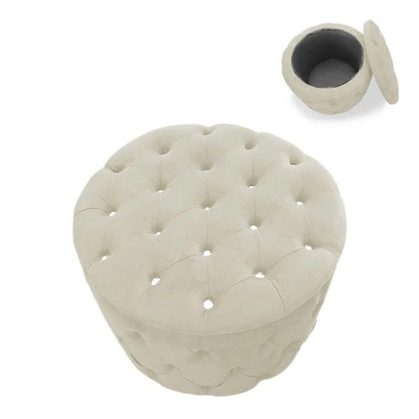 Puff Redondo Classico Capitonê Suede Bege | MadeiraMadeira