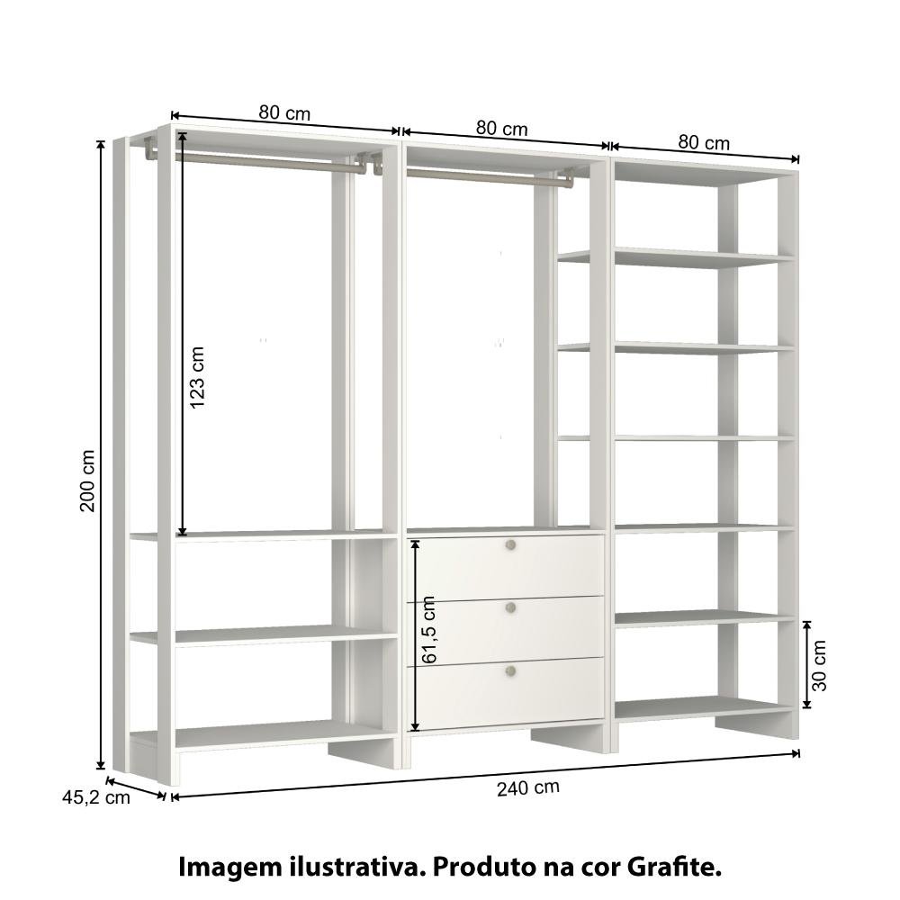 Estante Closet Yes com 2 Cabideiros e 3 Gavetas - Grafite | MadeiraMadeira