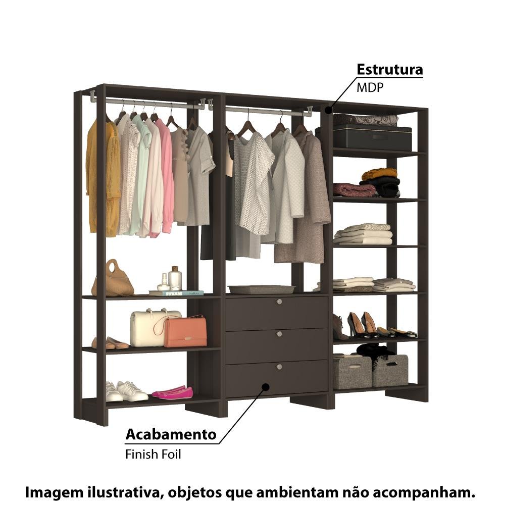 Estante Closet Yes com 2 Cabideiros e 3 Gavetas - Grafite | MadeiraMadeira