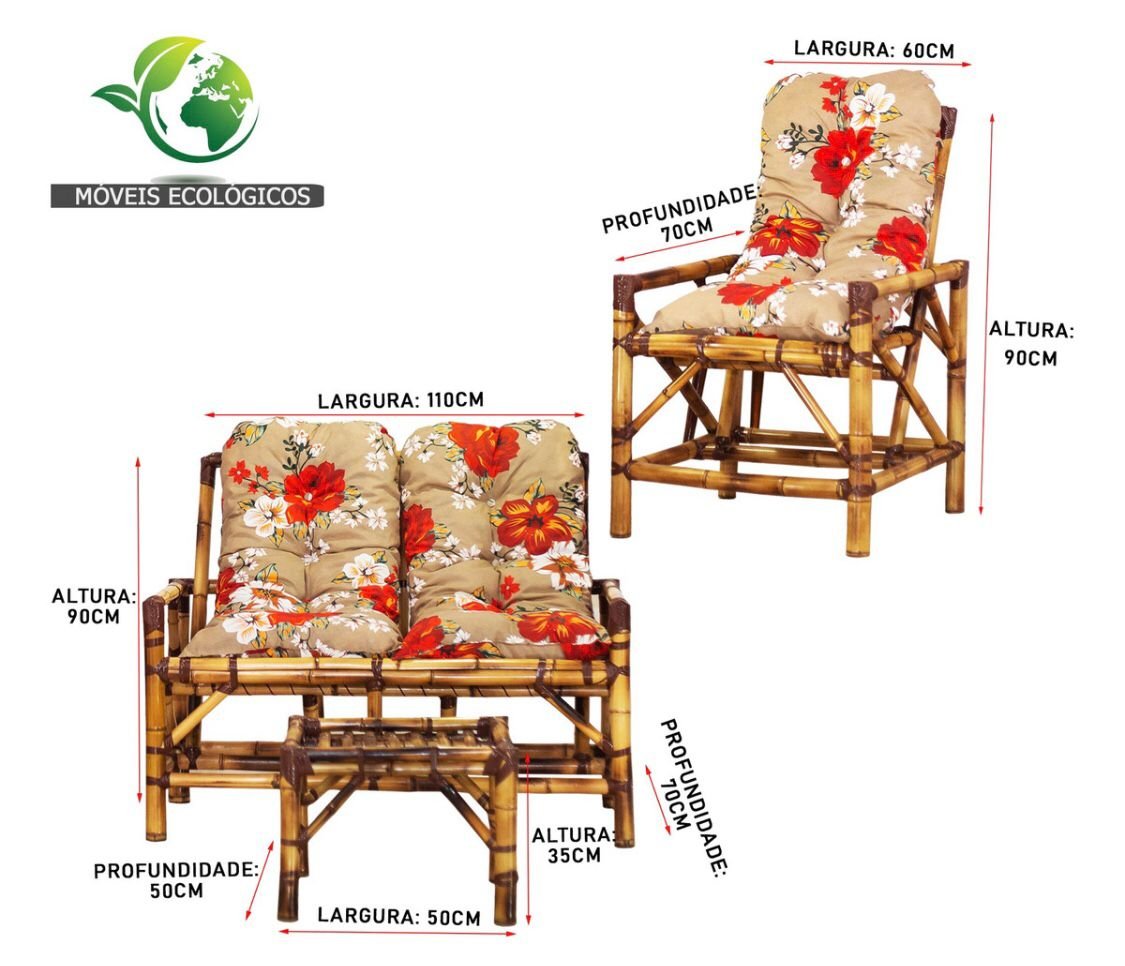 cadeira de bambu com almofada com 4Lugares + mesinha Art Decor E ...