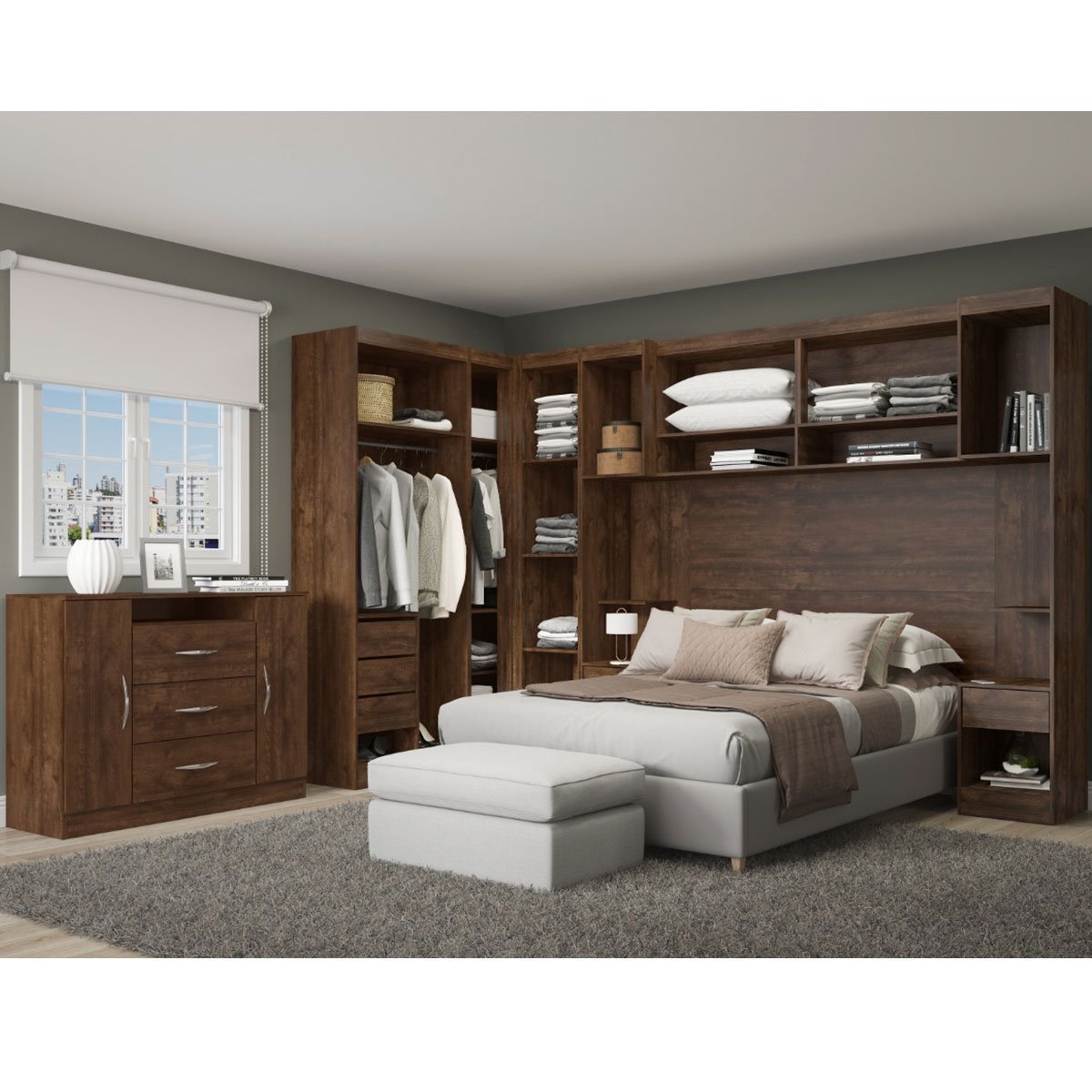 Quarto Modulado Casal Completo Selene 09 peças Castanho Branco MDP ...