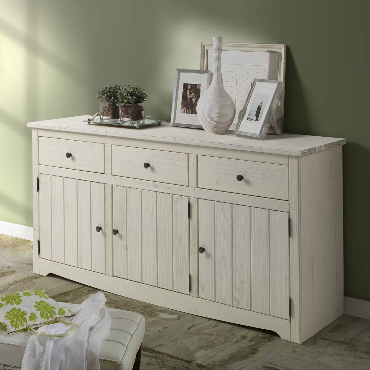 Balcão Buffet de Madeira Maciça com 3 Portas e 3 Gavetas Branco ...