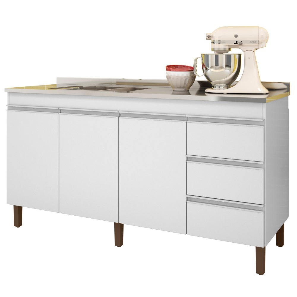 Balcão Gabinete com Pia 160cm 3 Portas Karen P14 Branco - Mpozenato | MadeiraMadeira