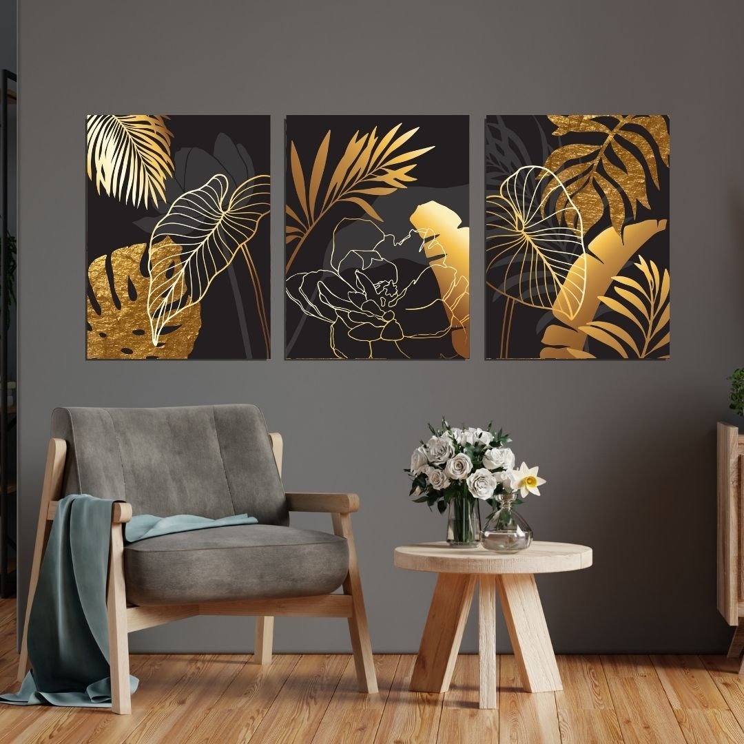 Quadro Decorativo 3 Telas - Folhagens Pretas e Douradas - Luxo ...