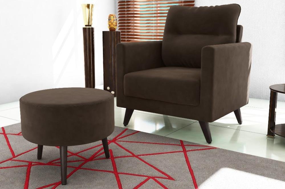 Kit Poltrona Decorativa Chicago com Puff - Marrom Veludo | MadeiraMadeira