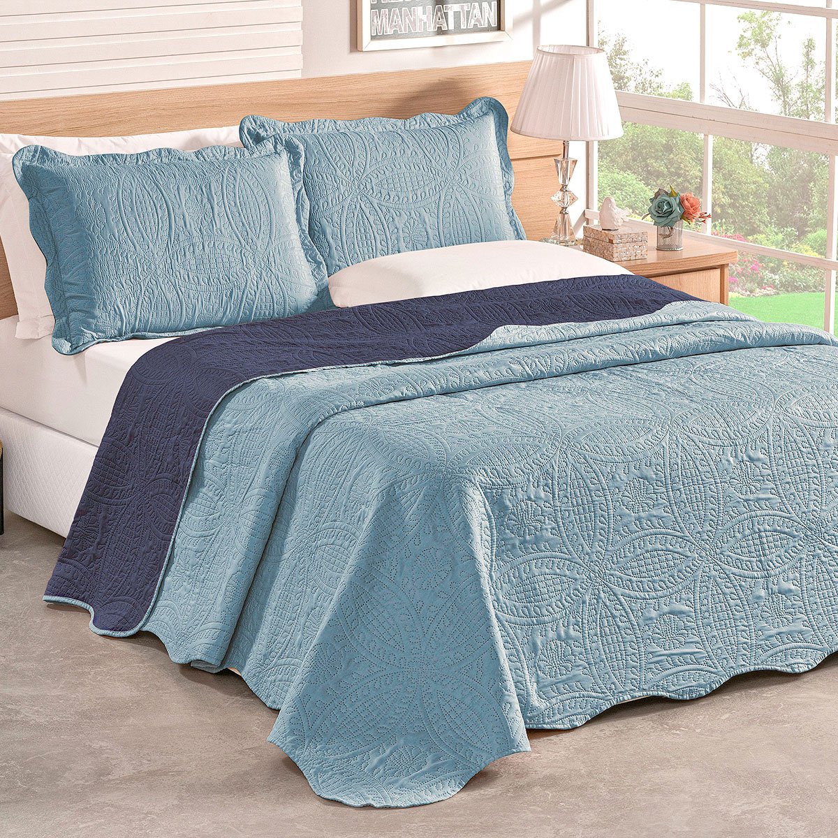 Colcha Azul Casal Padrão Bouti Dupla Face Matelada Ultrassônico + Jogo ...