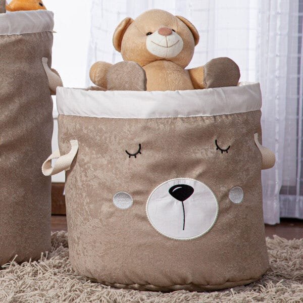 Cesto Organizador de Brinquedos e Roupas Médio com Alça Suede Urso Bege ...