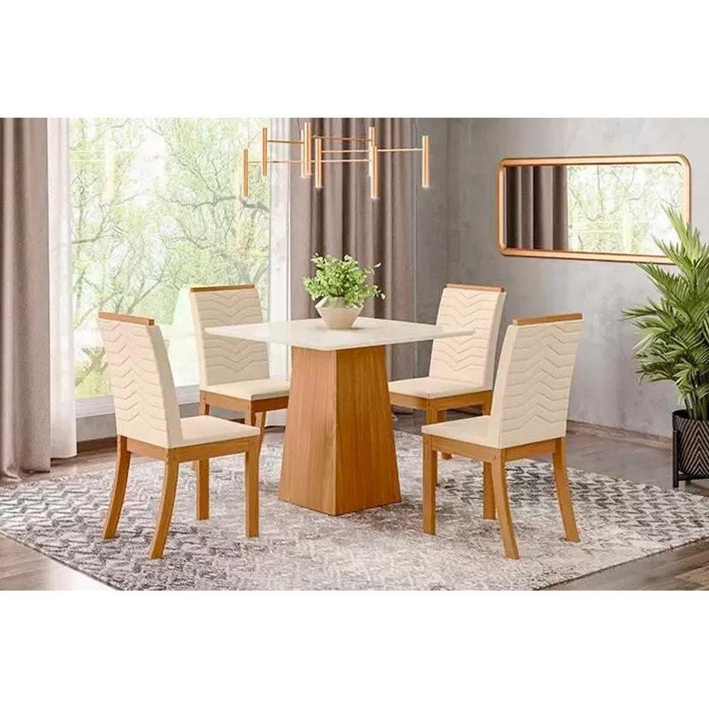 Conjunto: Mesa Sala Jantar Dora c/ Tampo Madeirado 90cm + 4 Cadeiras Isa Nature/Veludo Light ...
