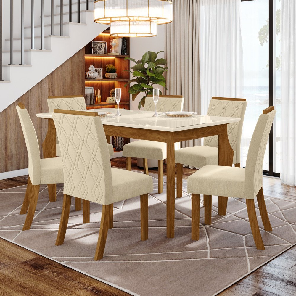 Conjunto Sala de Jantar Tampo MDF Canto Reto com Vidro 160 Cm 06 ...