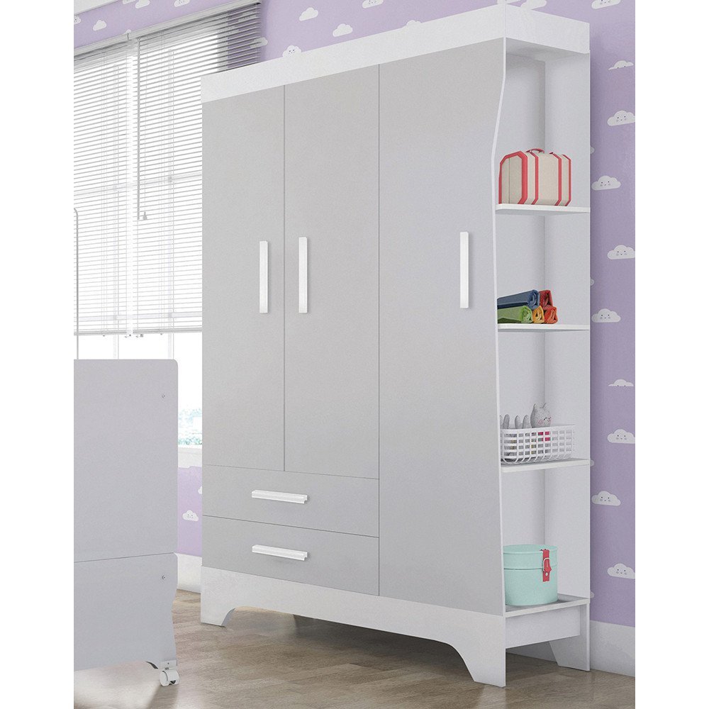Roupeiro Infantil Theo 3 Portas 2 Gavetas com Nichos Laterais 100 MDF ...