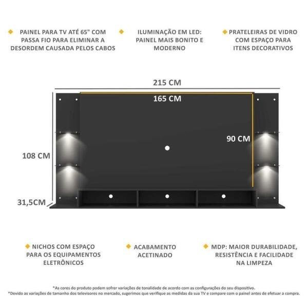 Painel TV 65 Polegadas com 4 LEDs e Prateleiras de Vidro Vegas Premium ...
