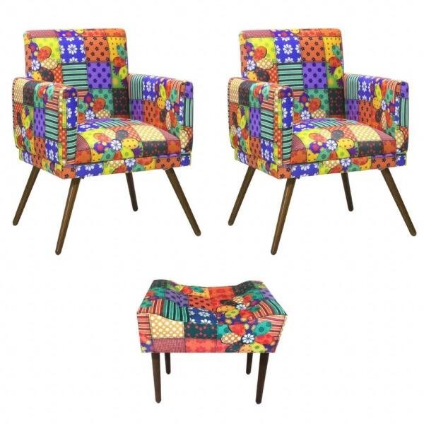 Kit 2 Poltrona Decorativa Nina com Rodapé e Puff Retangular Patchwork ...