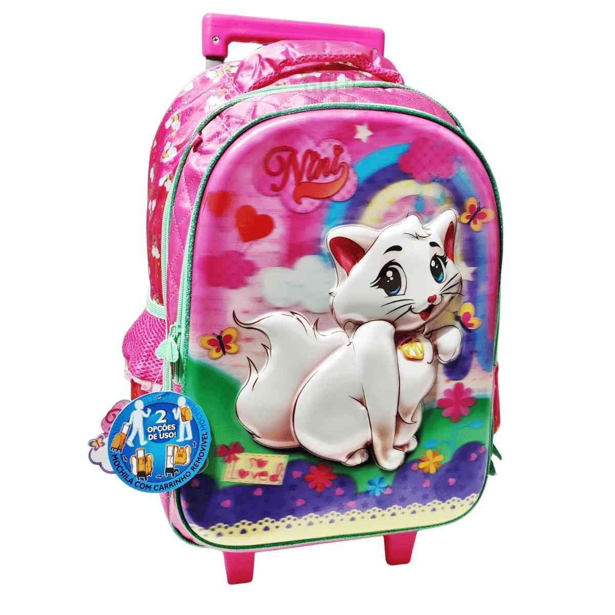 Mochila Infantil Menina 2 em 1 Rodinha e Alça Gata Nini Clio - Rosa ...