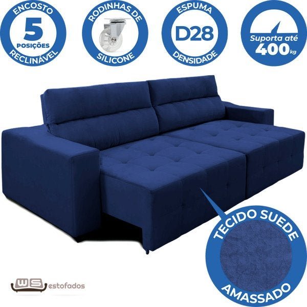 Sofá Top Lubeck 3 Lugares Retrátil e Reclinável 2,10M Azul Ws | MadeiraMadeira